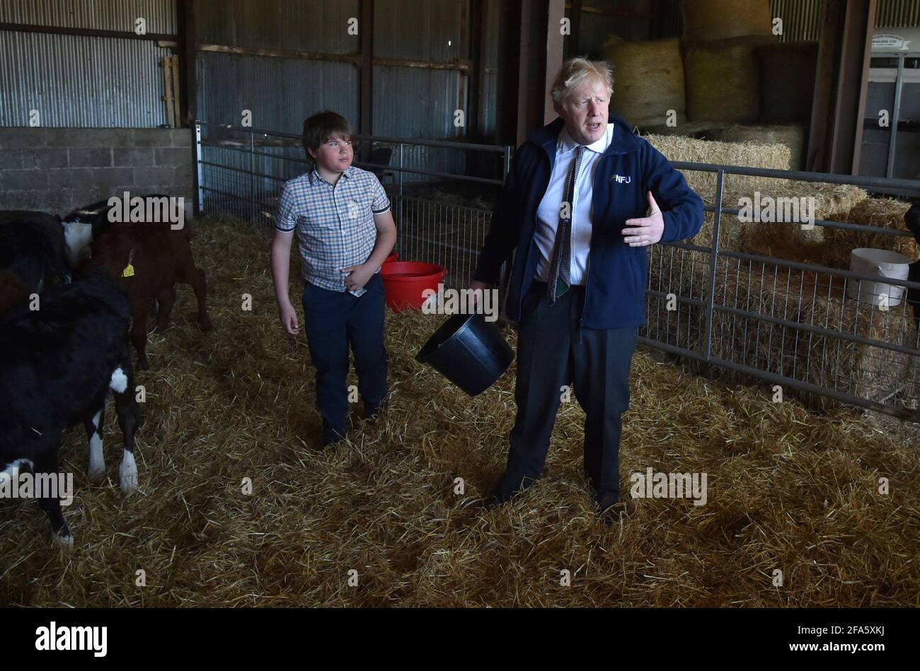 Prime Minister Boris Johnson feeds cattle during a visit to the Moor ...