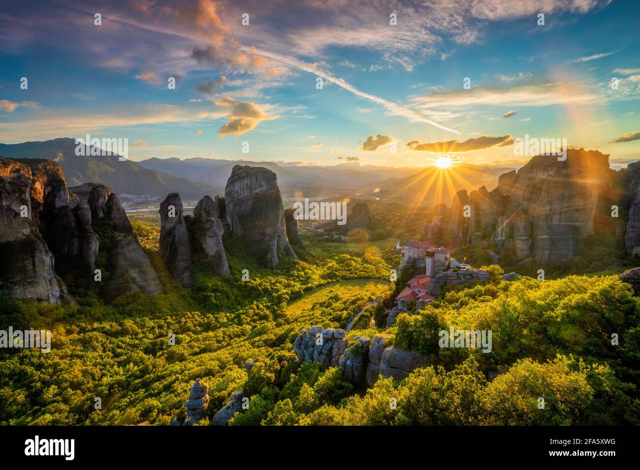 Sunset over monasteries of Meteora Stock Photo - Alamy