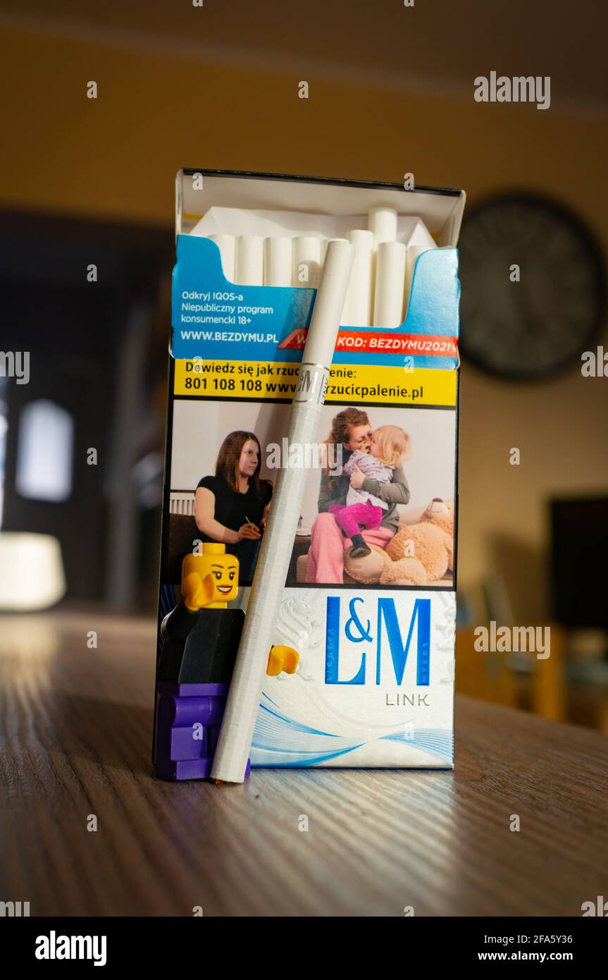 POZNAN, POLAND - Mar 31, 2021: L&M cigarettes with Lego figurine ...