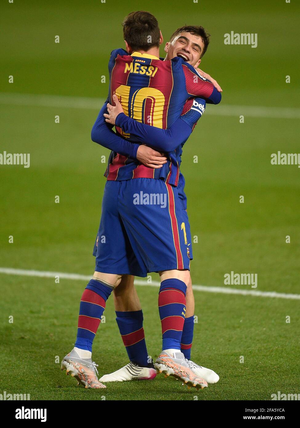 Lionel Messi of FC Barcelona celebrates his goal with Pedro Gonzalez ...