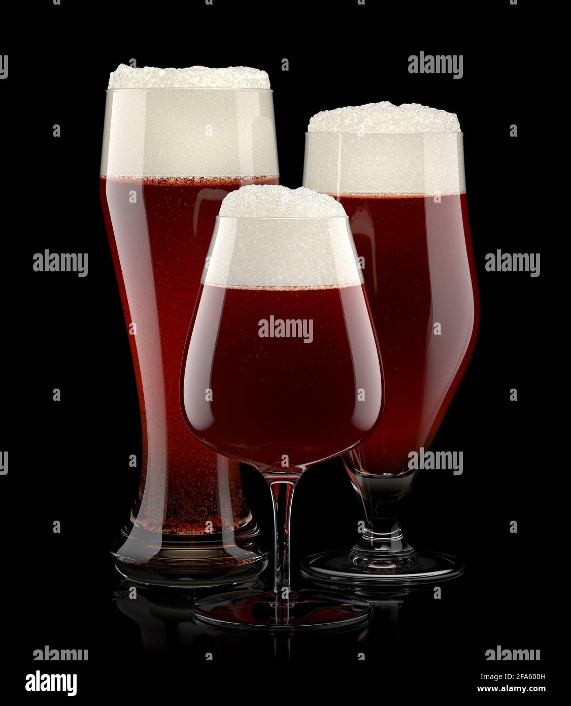 Set of fresh draft beer glasses with bubble froth isolated on black ...