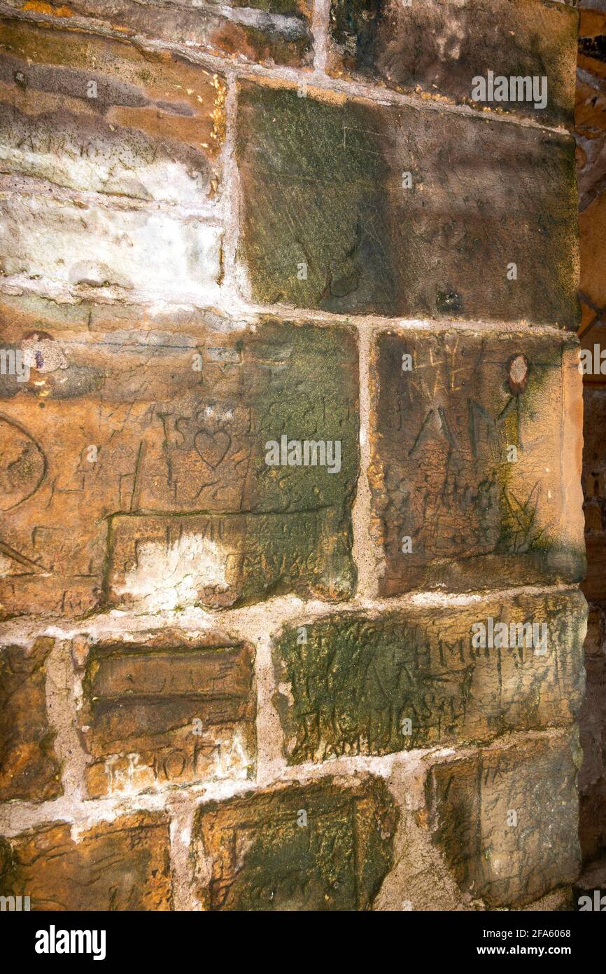 KINLOSS ABBEY MORAY SCOTLAND THE VIEW OF THE INTERIOR WITH GRAFFITI ON ...