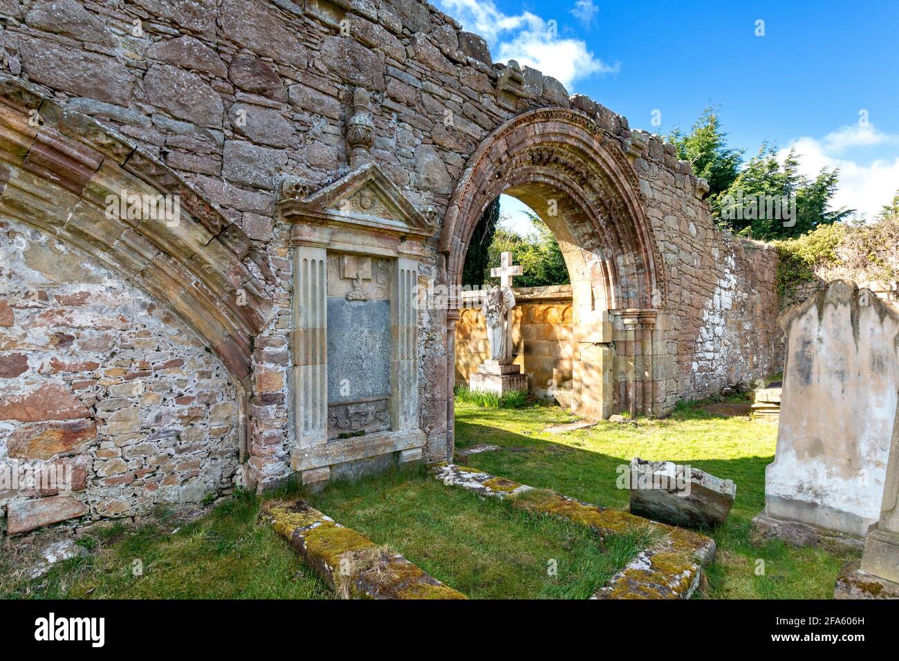 KINLOSS ABBEY MORAY SCOTLAND TWO OF THE REMAINING DECORATED ARCHES IN A ...