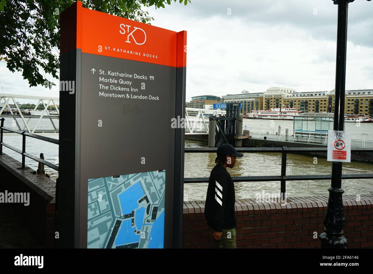 Information Board at St. Catherine’s Dock at the Thames near Tower ...