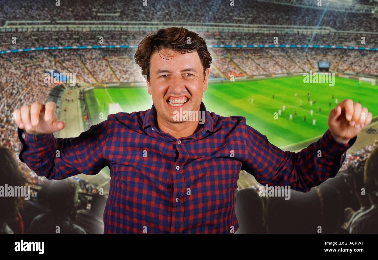 composite with happy and excited soccer fan man and football pitch ...