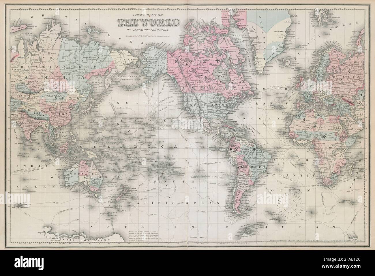 World on Mercator's projection. Americas-centric antique map. COLTON ...