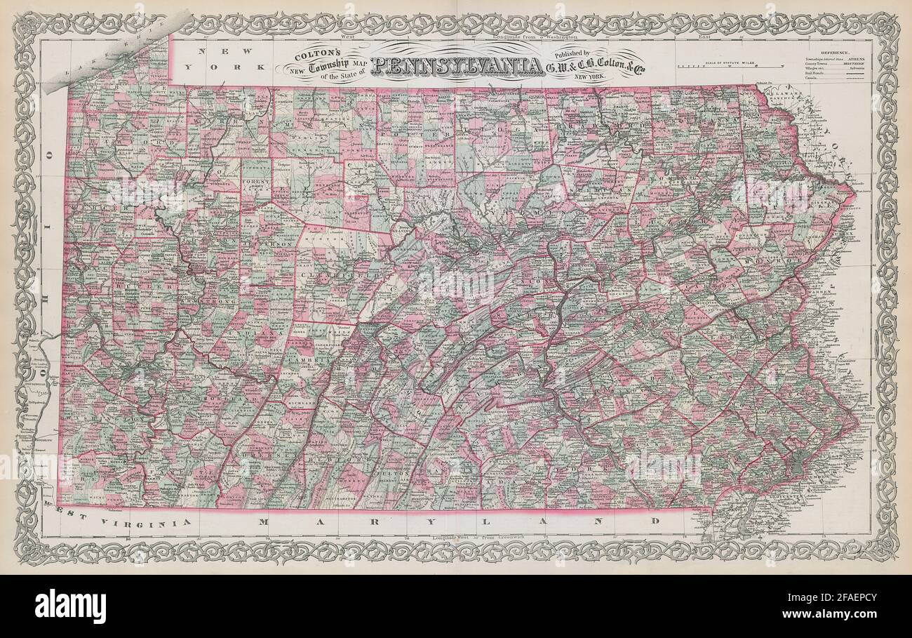 Colton's Pennsylvania. Decorative antique US state map 1869 old Stock ...