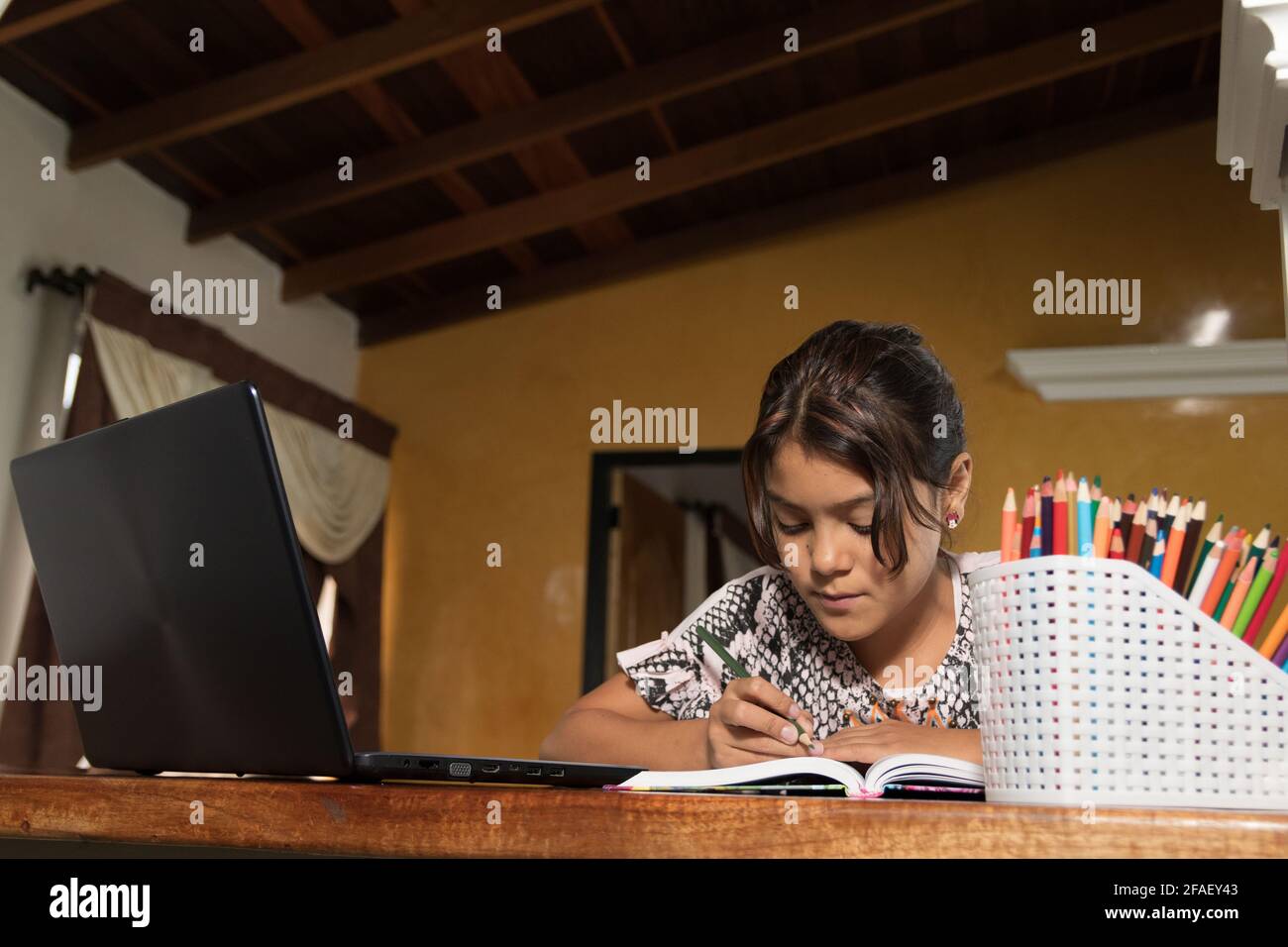 Colombian girl typing on a computer Stock Photo - Alamy