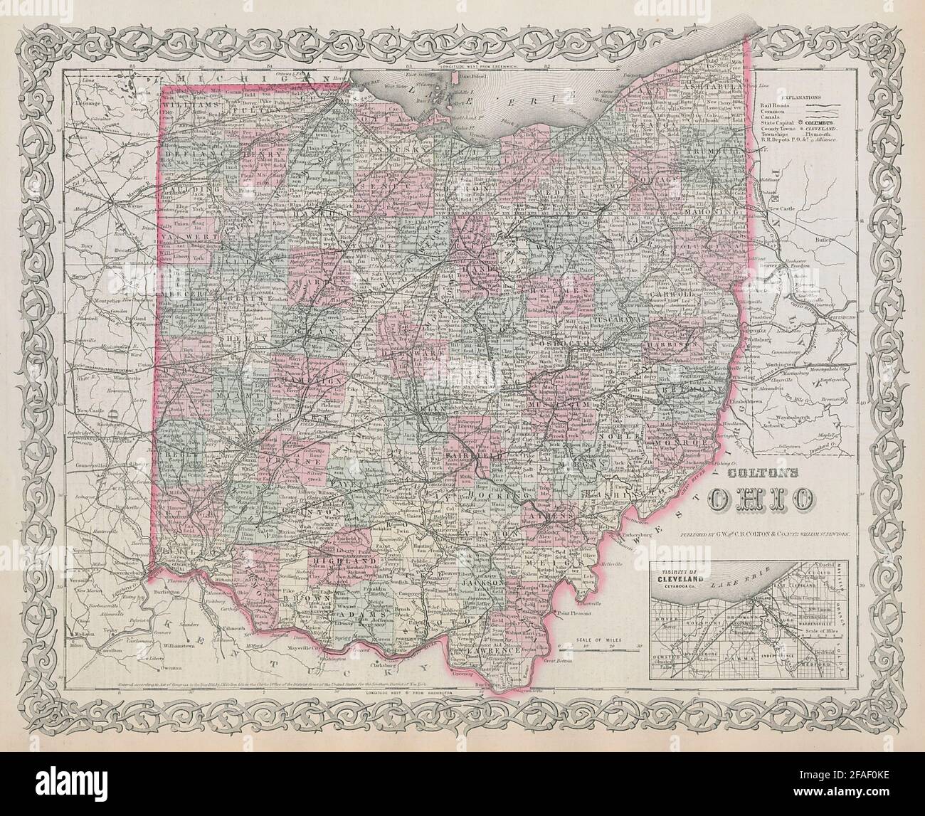 Colton's Ohio. Decorative antique US state map. Cleveland 1869 old ...
