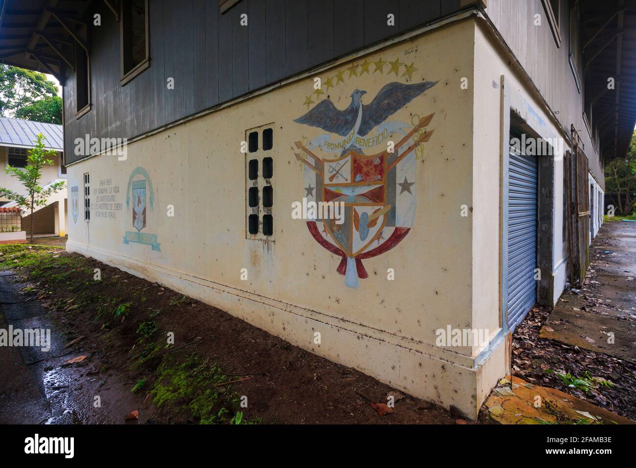 Wall painting with banners and text on the old police station building ...