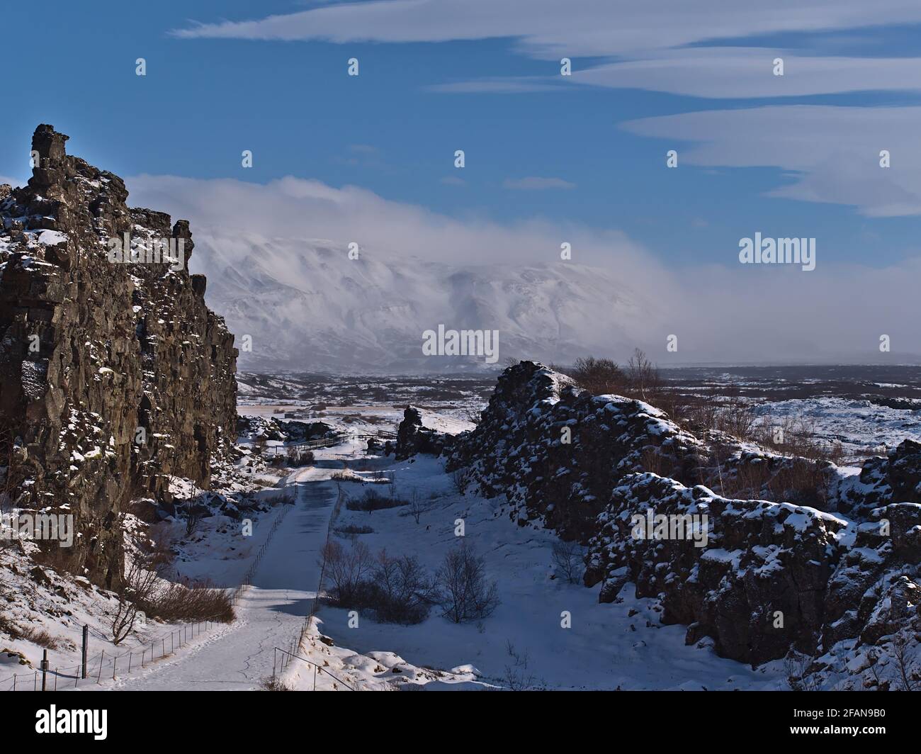 Stunning view of famous Almannagjá gorge in Þingvellir national park ...