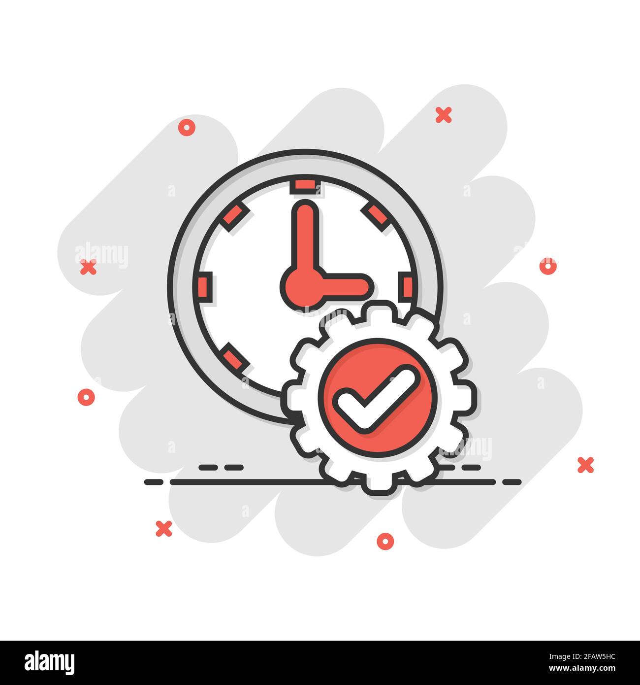 Check mark on clock icon in comic style. Gear with time cartoon vector ...