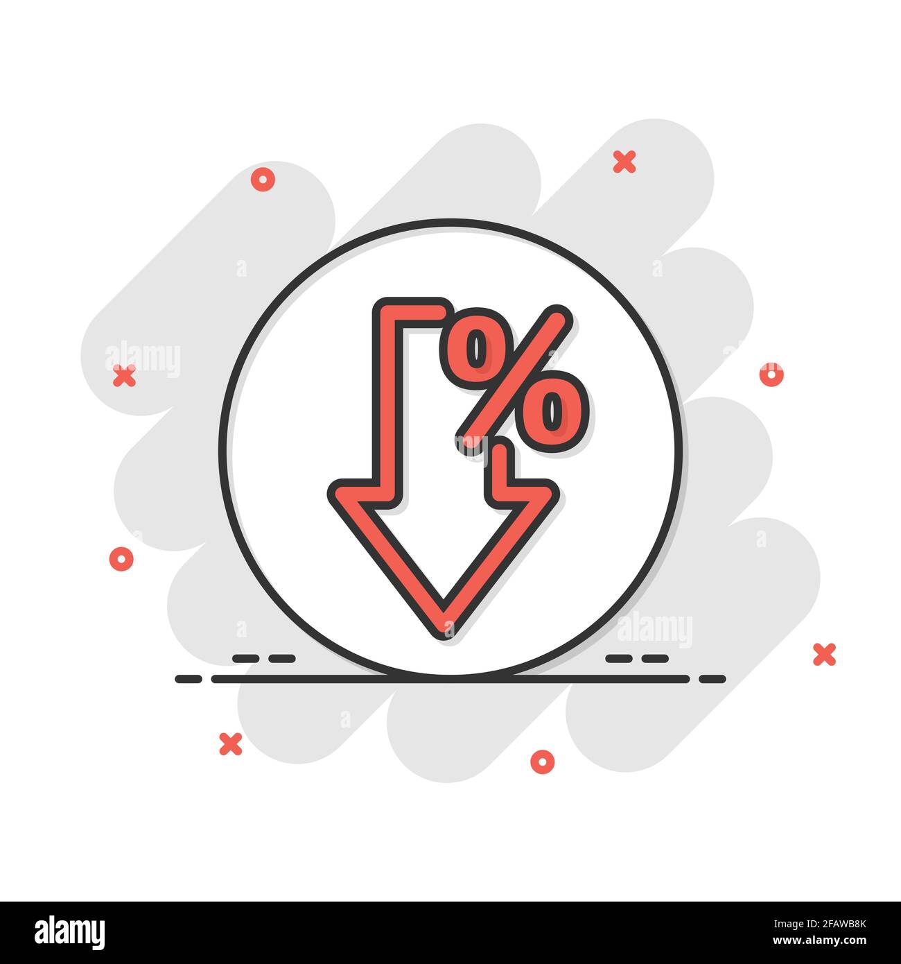Decline arrow icon in comic style. Decrease cartoon vector illustration on white isolated ...