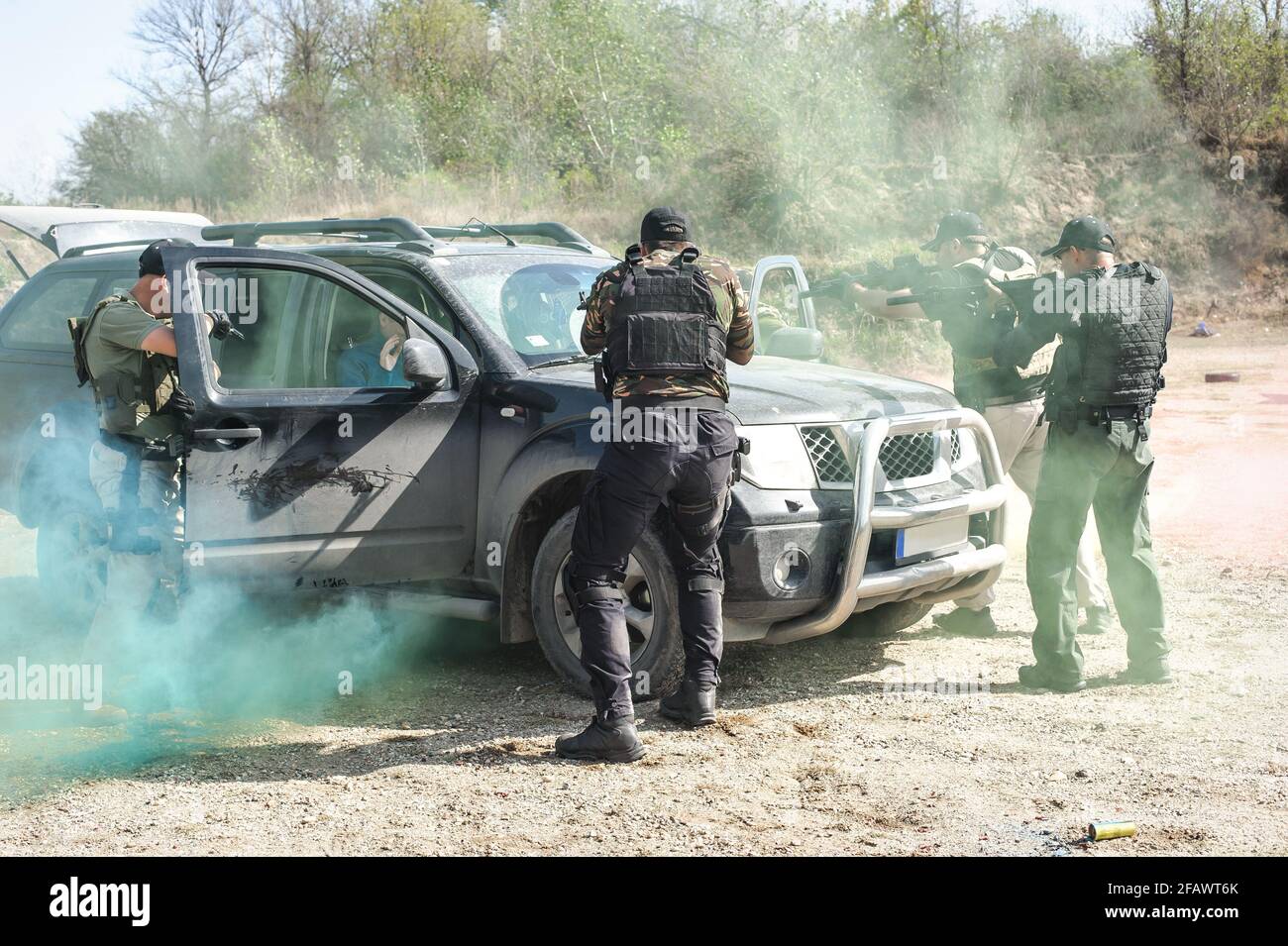 Anti-Terrorist unit exercise. Securing vehicles and rescuing hostages ...