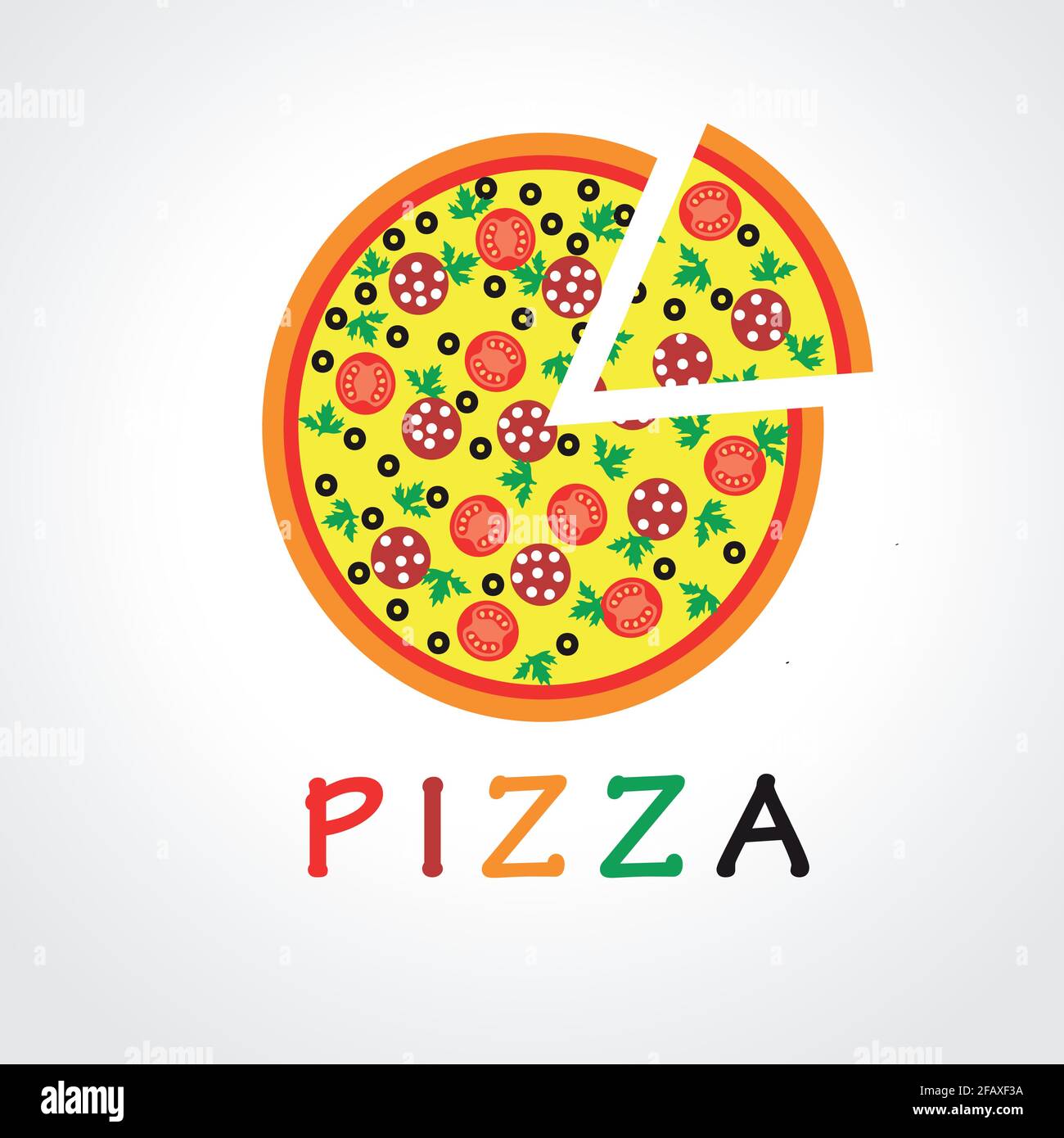 Pizza with sausage and tomato slices delivering logo. Piece of pie ...