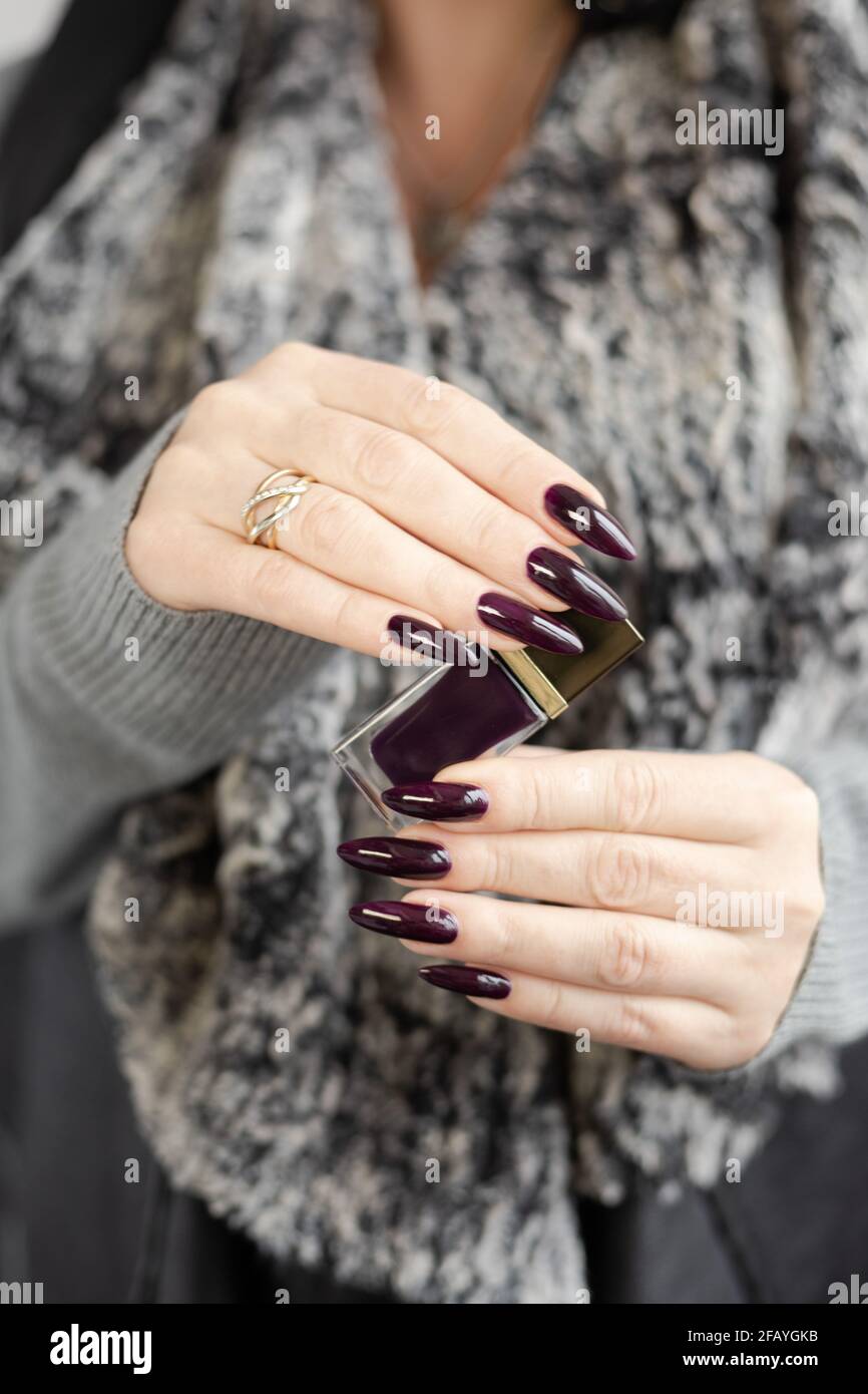Female hand with long nails and purple plum manicure holds a bottle of ...