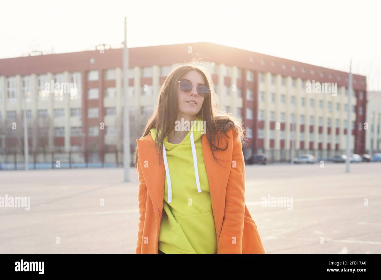 Millennial Hipster Girl in Trendy colorful casual outfit. Street Style ...