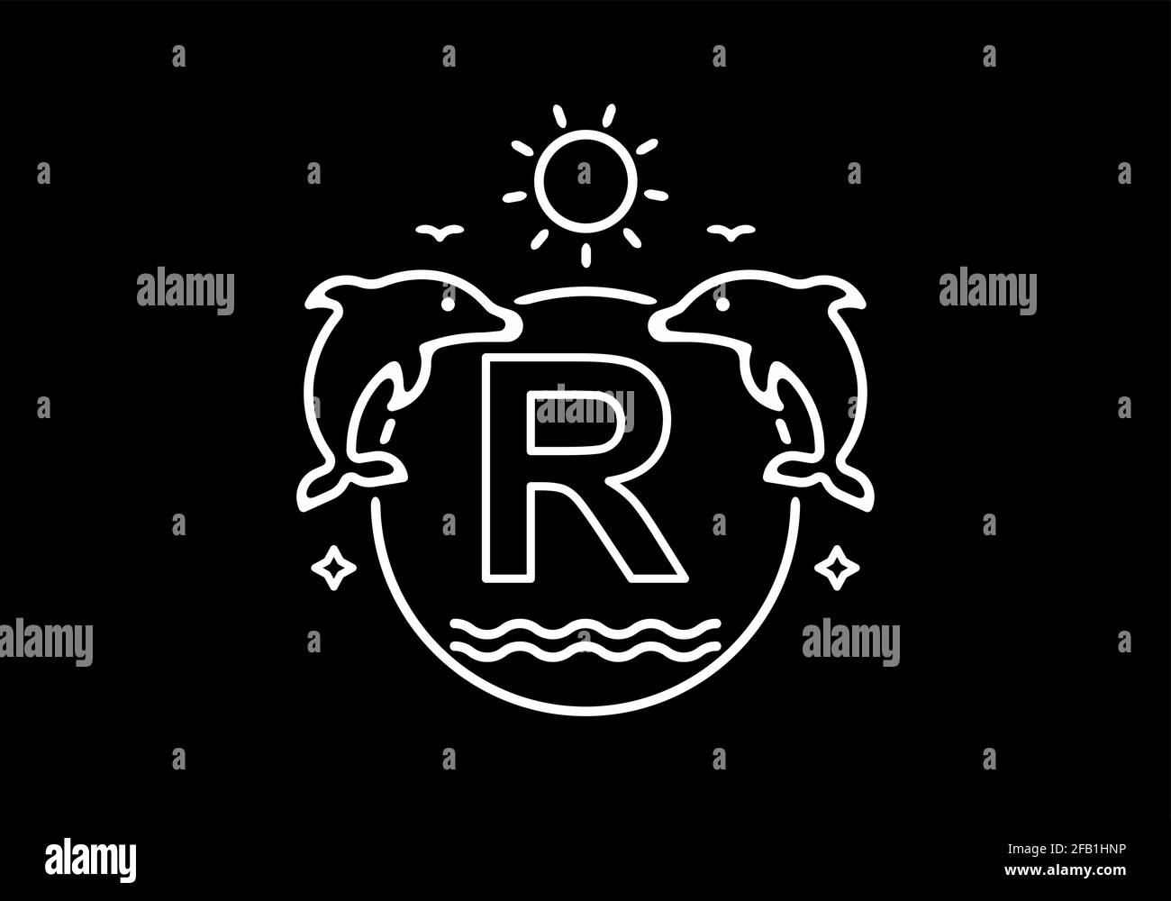 White black line art illustration of R initial name in dolphins frame ...