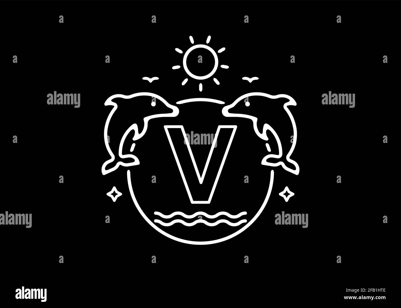 White black line art illustration of V initial name in dolphins frame ...