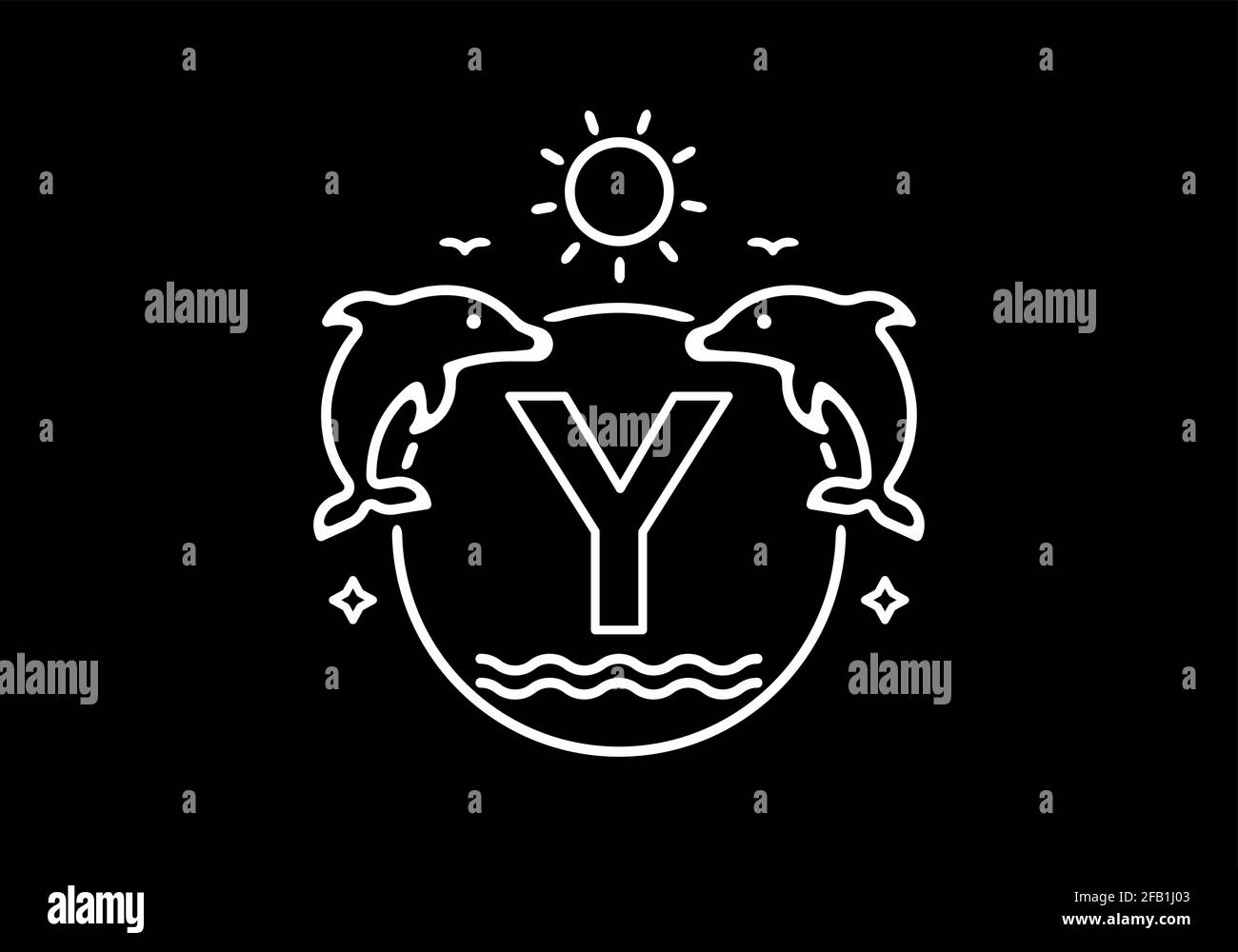 White black line art illustration of Y initial name in dolphins frame ...