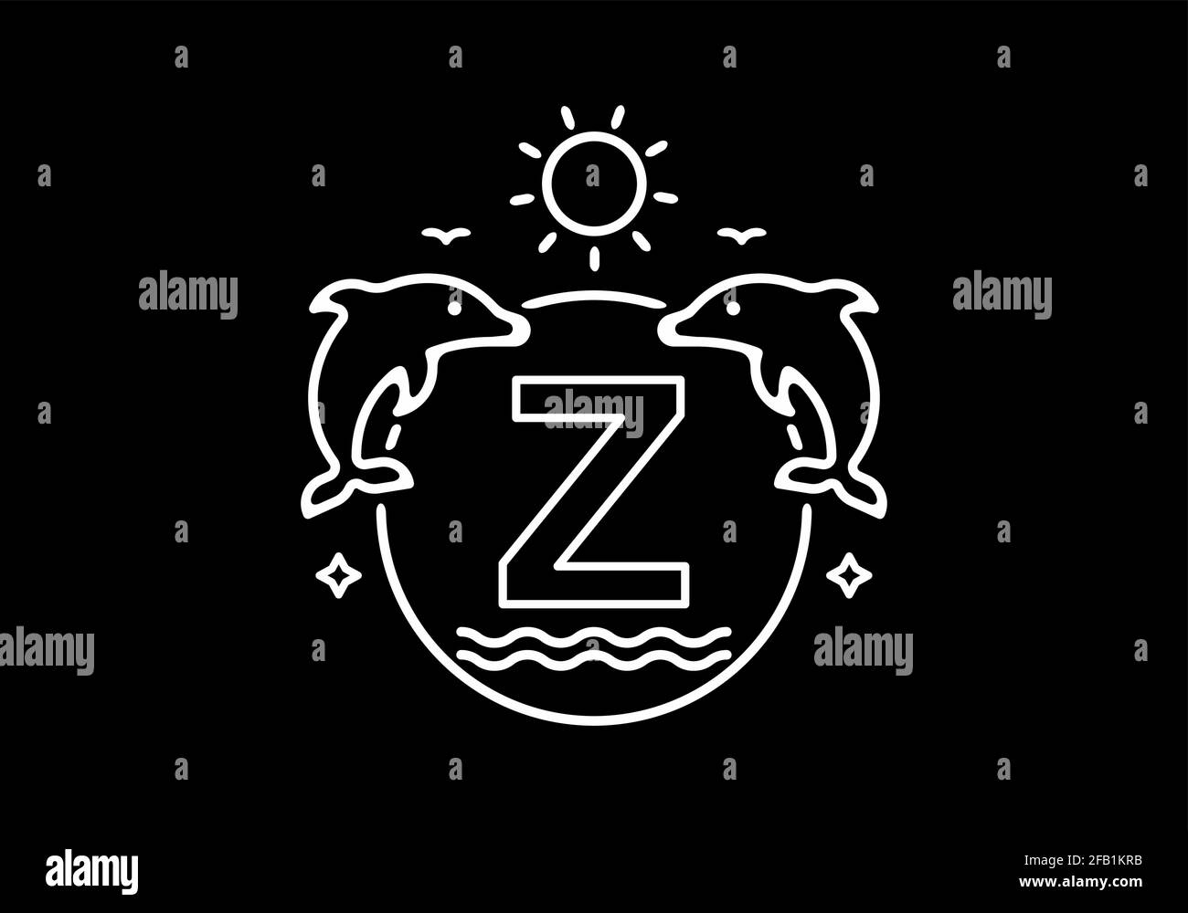White black line art illustration of Z initial name in dolphins frame ...