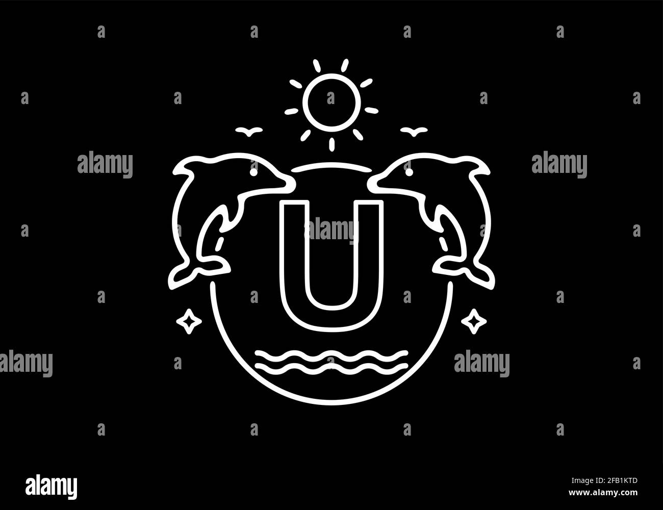 White black line art illustration of U initial name in dolphins frame ...