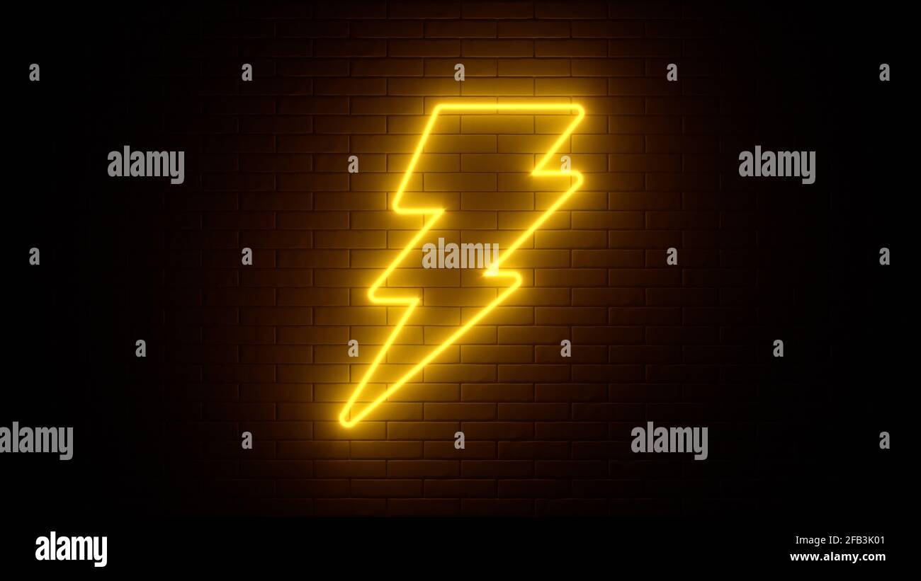 Neon sign on a brick wall. Glowing lightning charge icon. Abstract ...