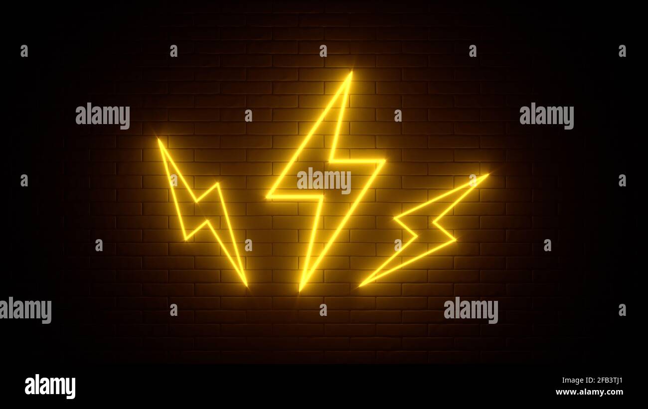 Neon sign on a brick wall. Glowing lightning charge icon. Abstract ...