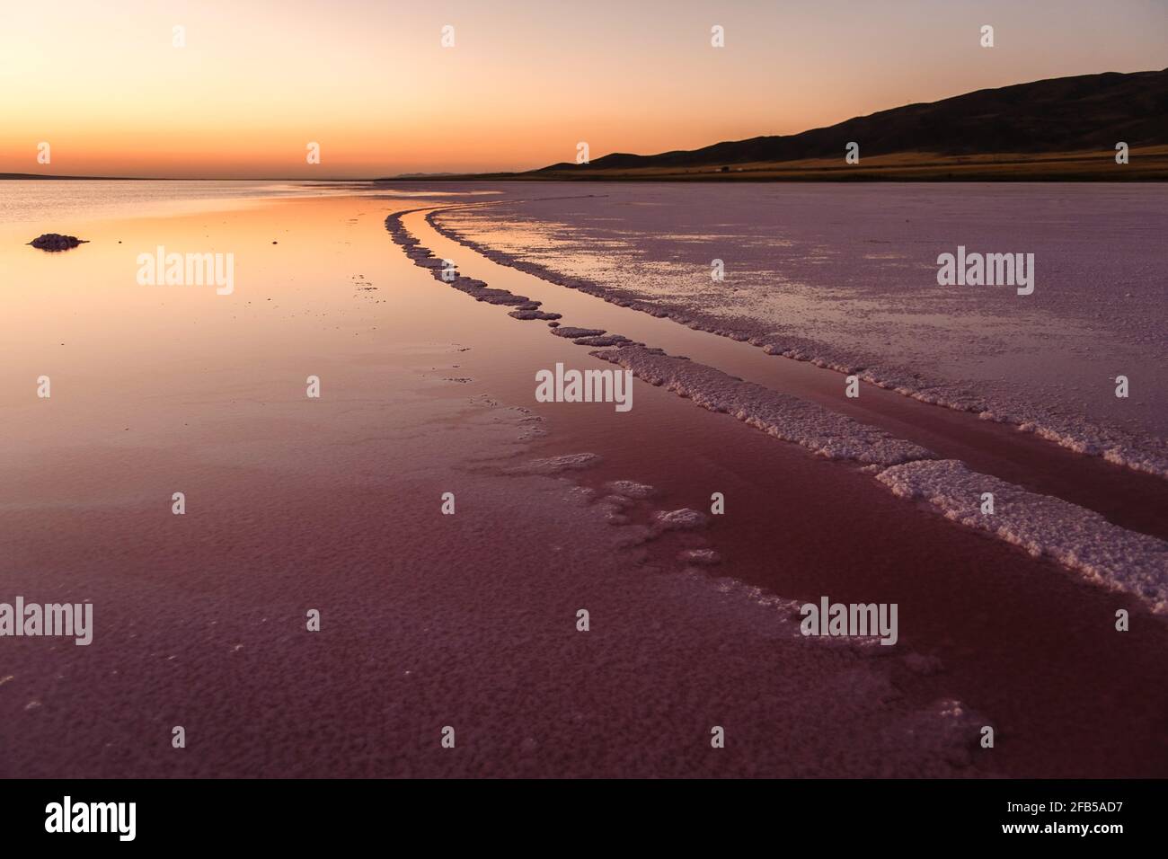 Summer sunset view with dried salt lake in Turkey. Pink salt covered ...