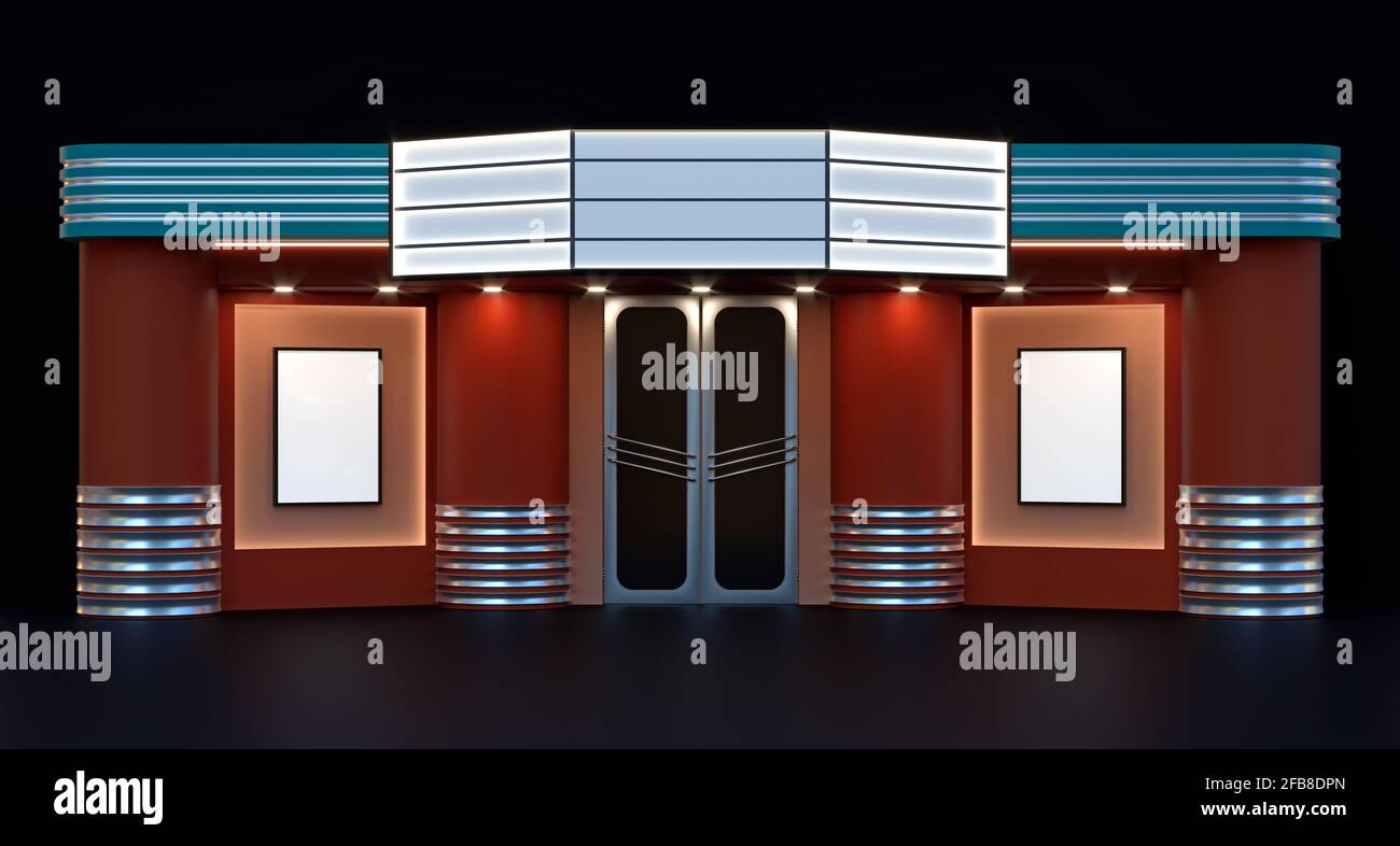 Movie theater cinema facade exterior 3d illustration. Retro movie house ...