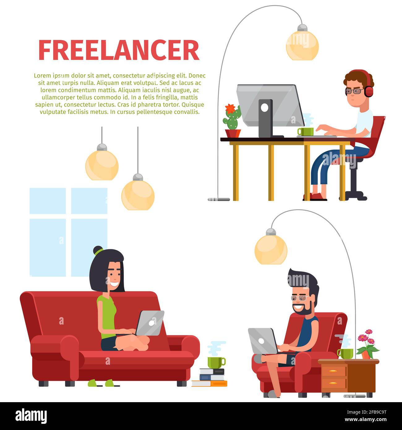 Freelance work people. Freelancer work on computer, illustration ...