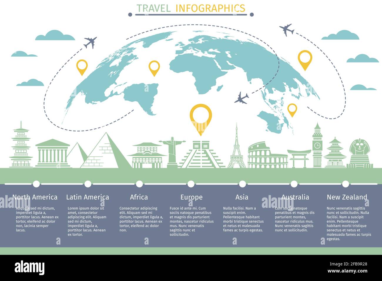 Vector tourists flight travel infographics with world map and landmarks ...