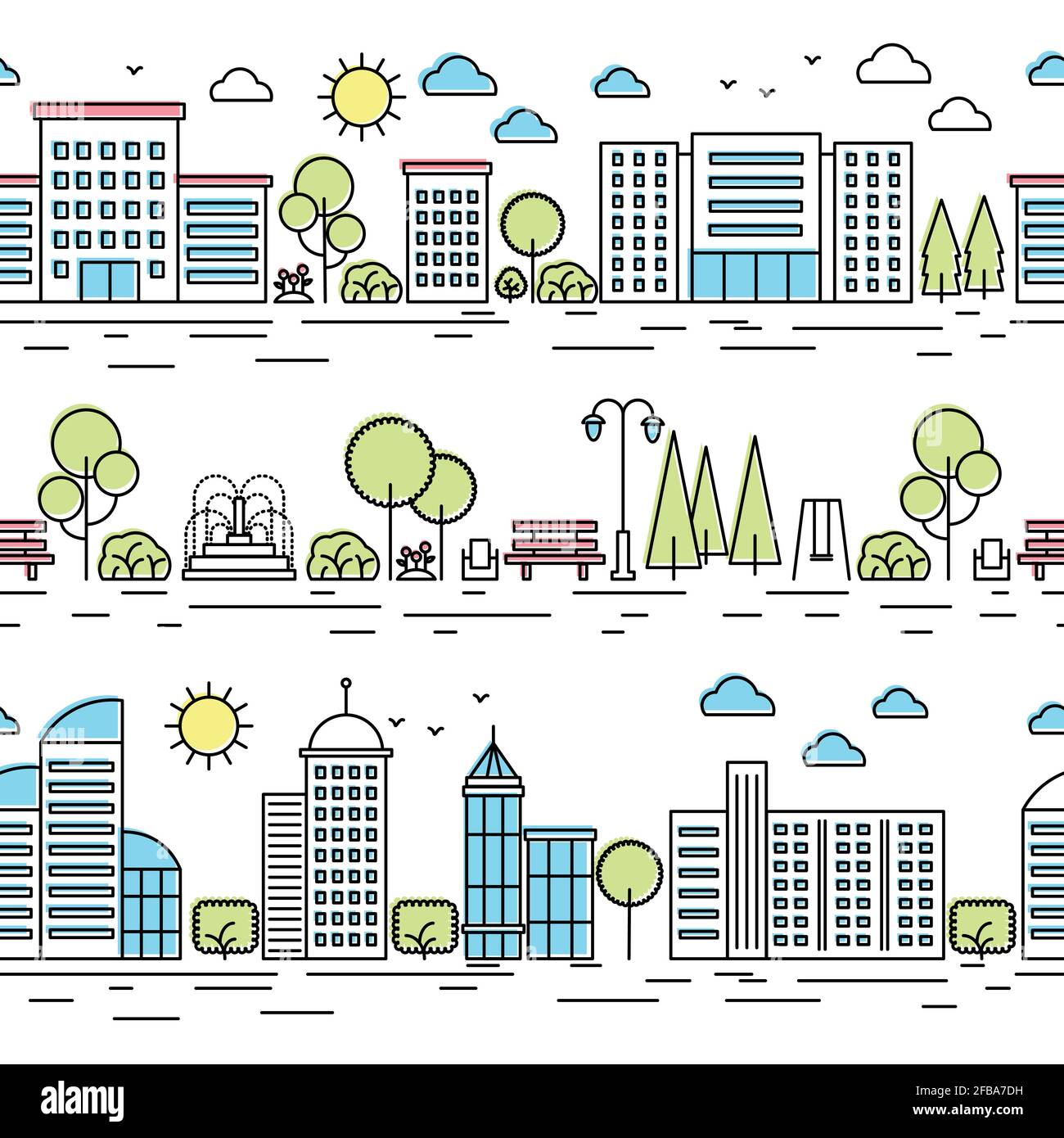 Cityscape line vector patterns. Thin line city landscape set. City view ...