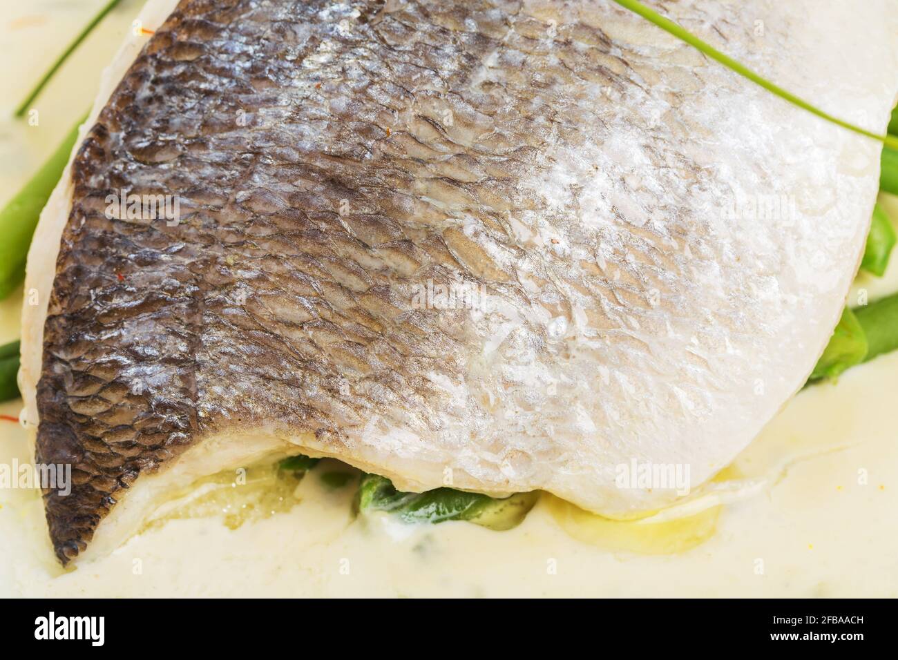 Baked fish fillet with cream sauce and boiled french beans. Macro ...
