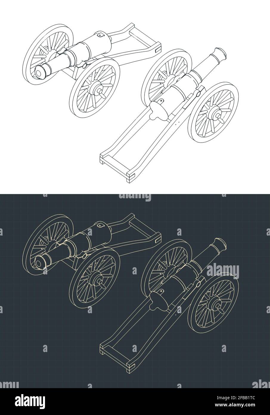 Stylized vector illustration of a vintage artillery cannon isometric ...