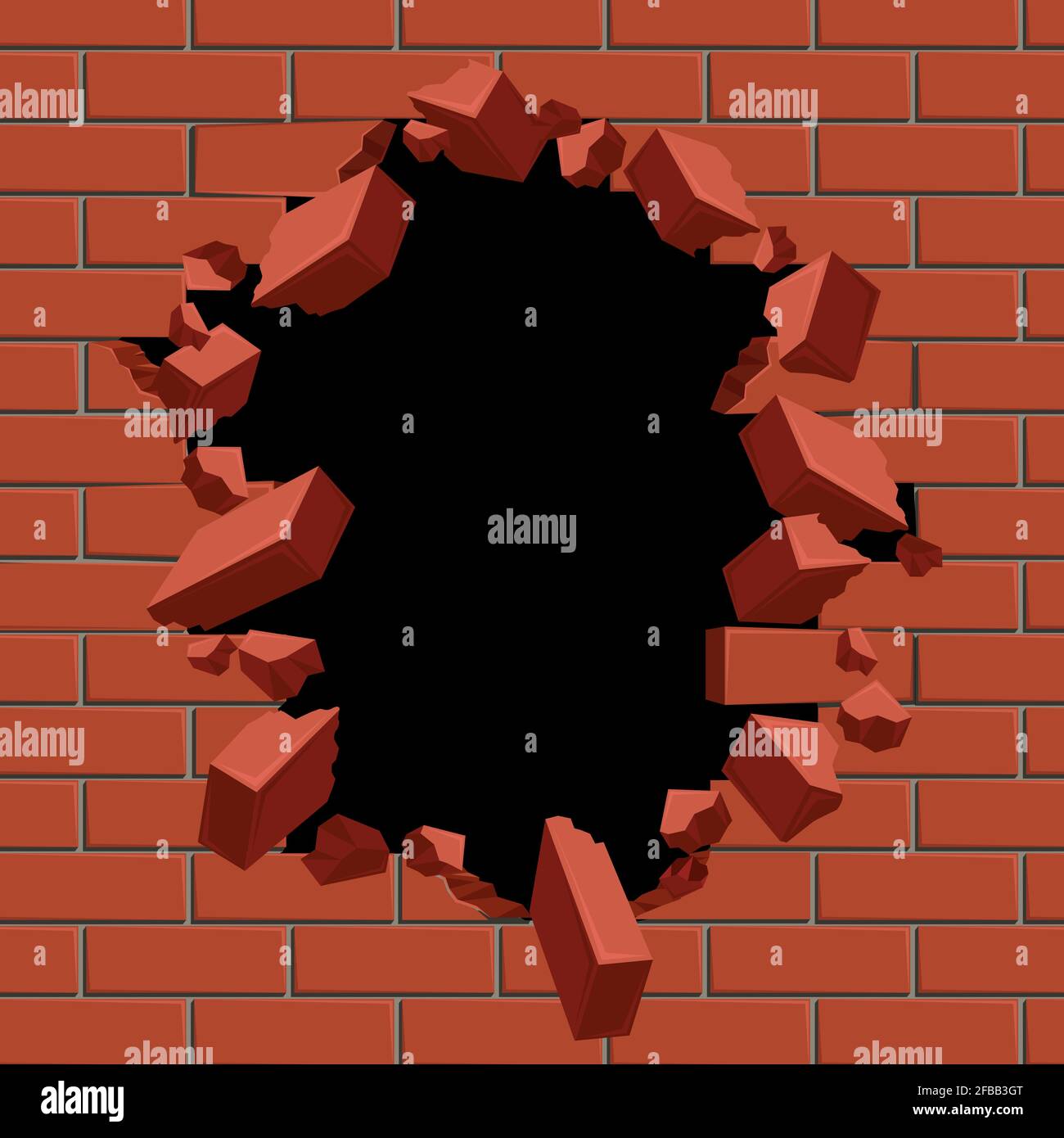 Exploding out hole in red brick wall vector illustration. Construction ...