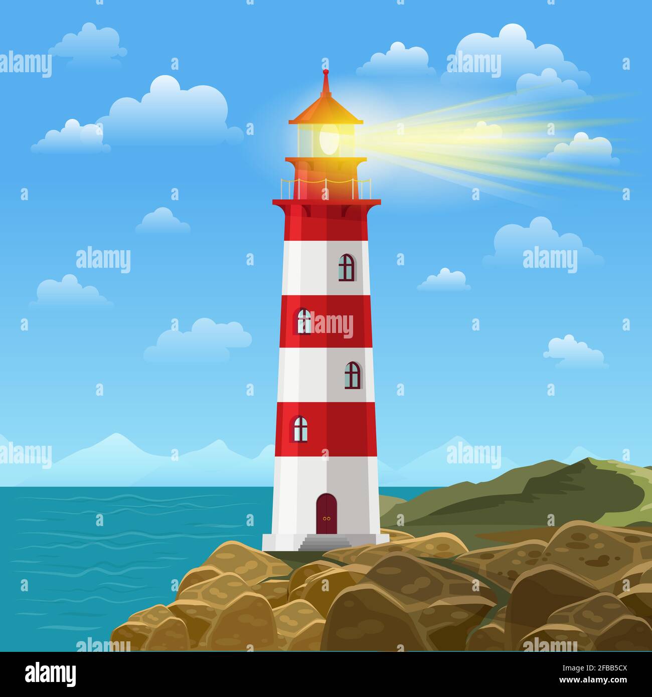 Lighthouse on ocean or sea beach cartoon background vector illustration ...