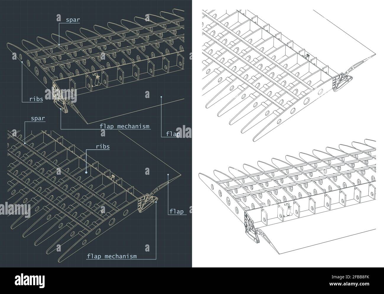 Stylized vector illustration of Aircraft Wing Structure and flaps systems drawings Stock Vector ...
