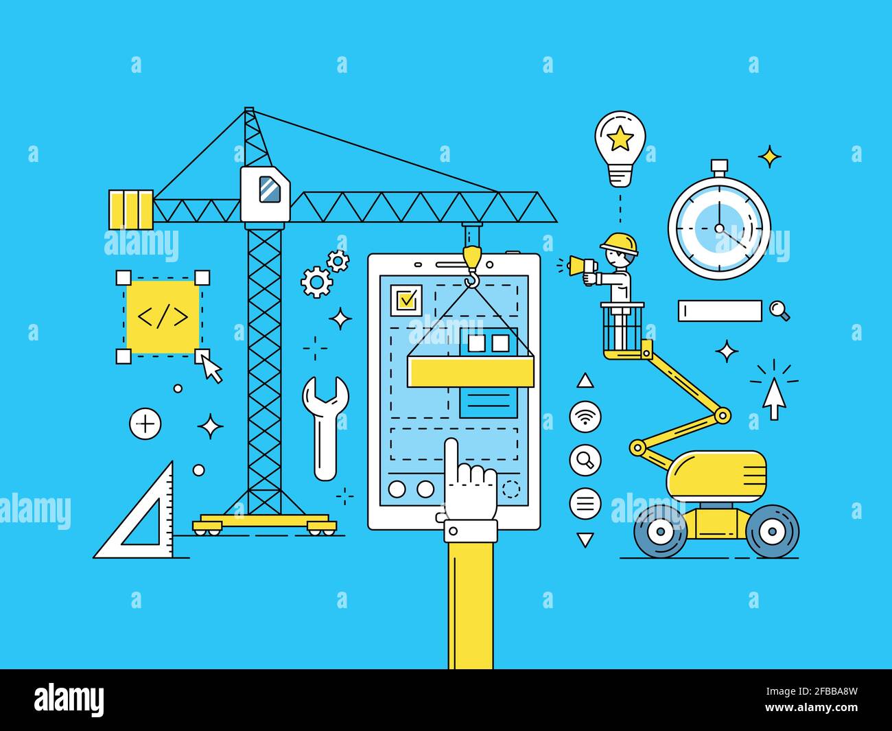 UI UX thin line mobile app development process. Construction of web ...
