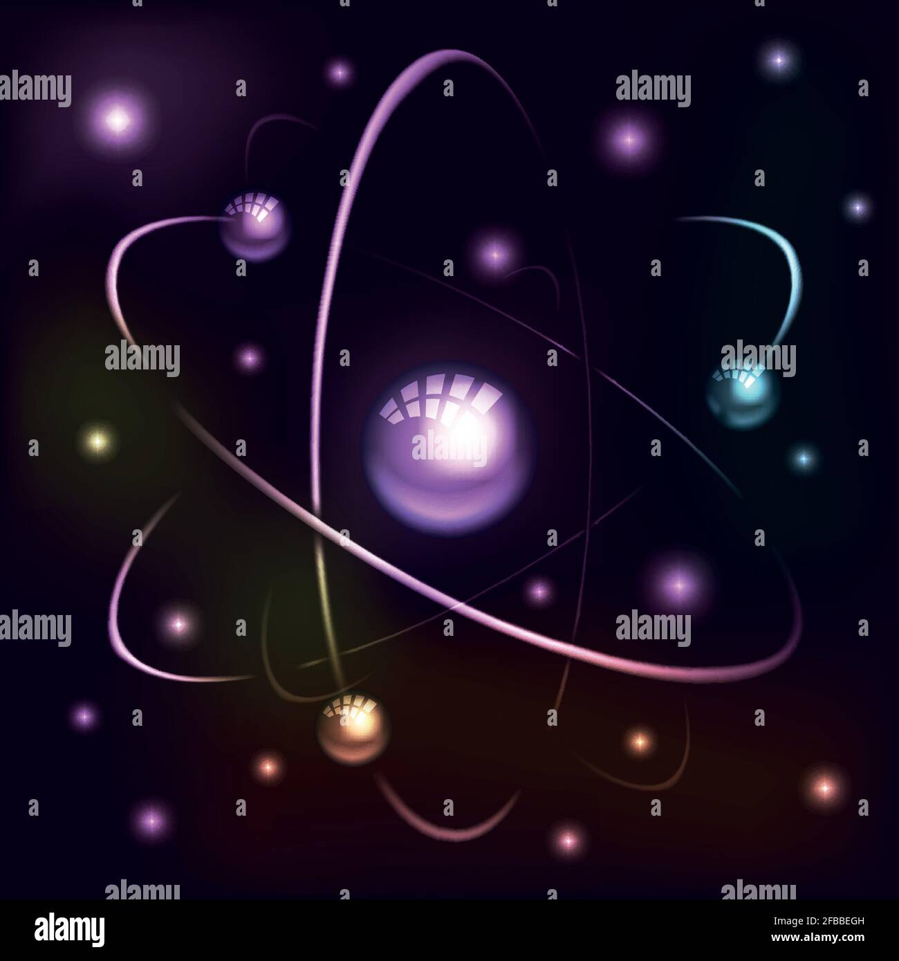 Shining atom model. Nuclear model of atom with electrons and positrons ...