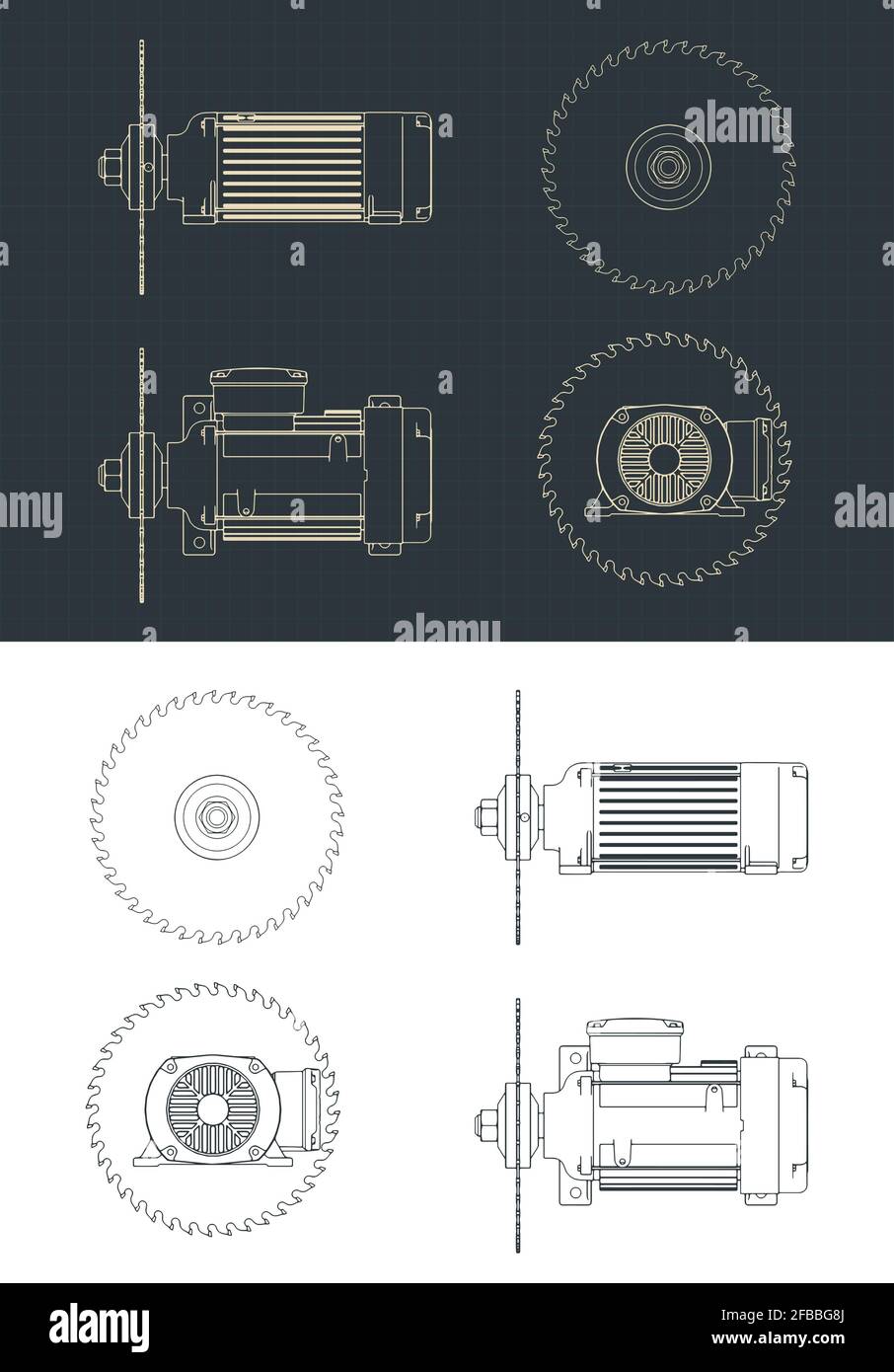 Stylized vector illustration of saw blade and motor drawings Stock ...