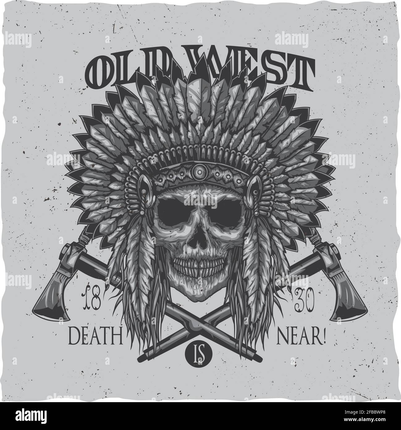 American Indian Chief Skull With Tomahawk. T-shirt label design. Hand ...