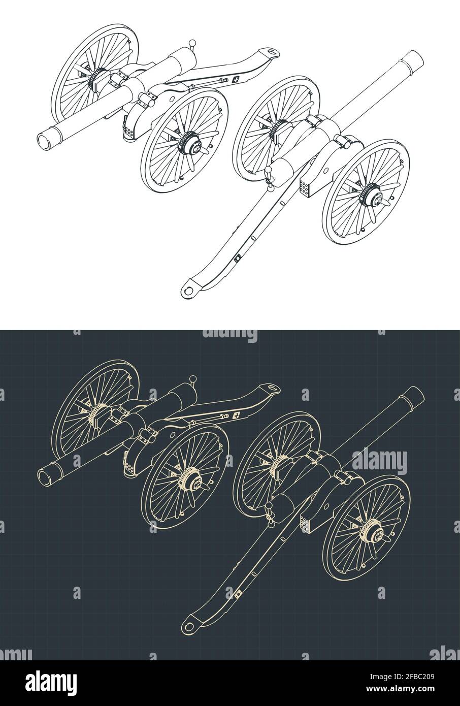Stylized vector illustration of a vintage artillery cannon isometric ...