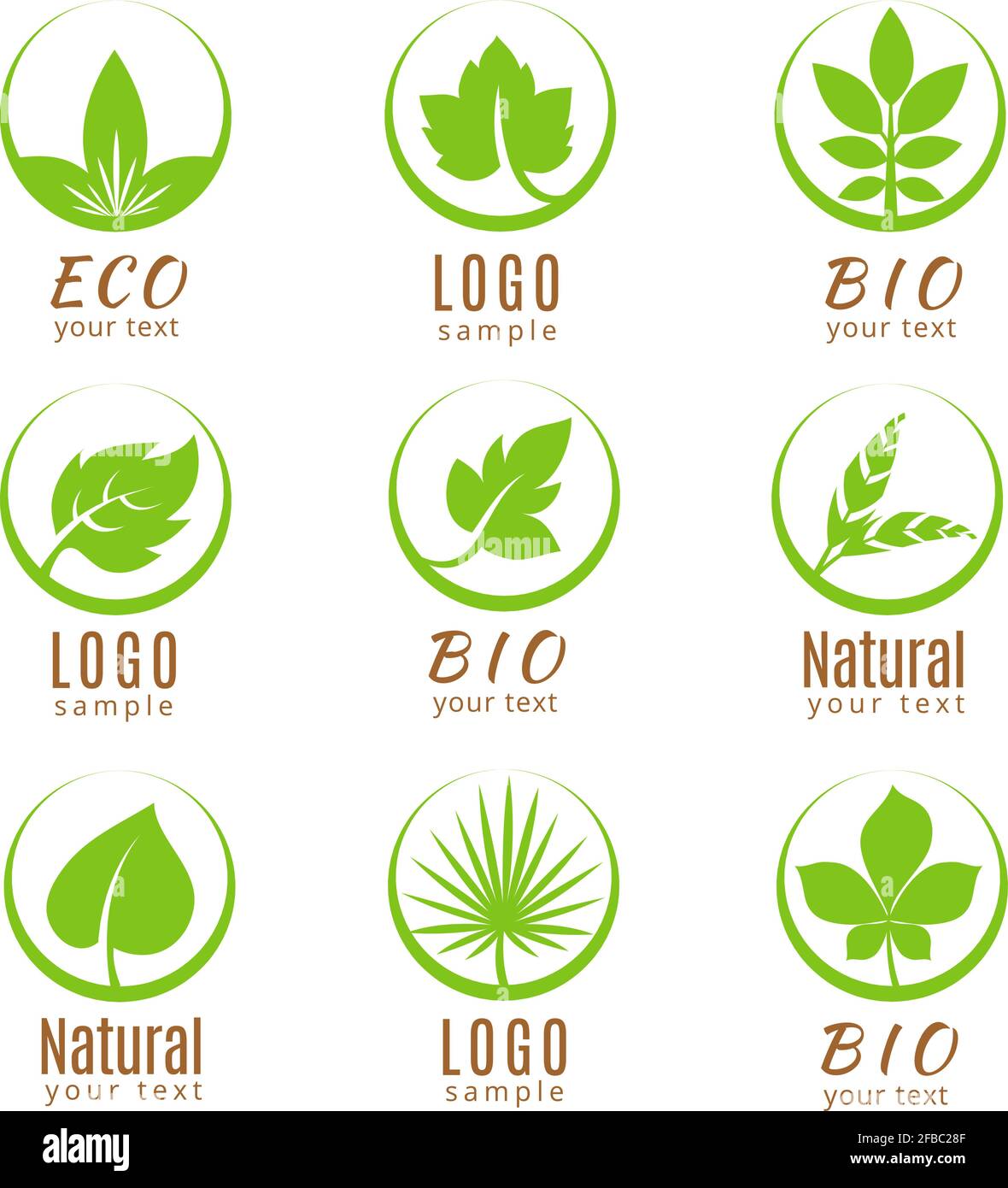 Nature logo set or ecology labels with green leaves isolated on white ...