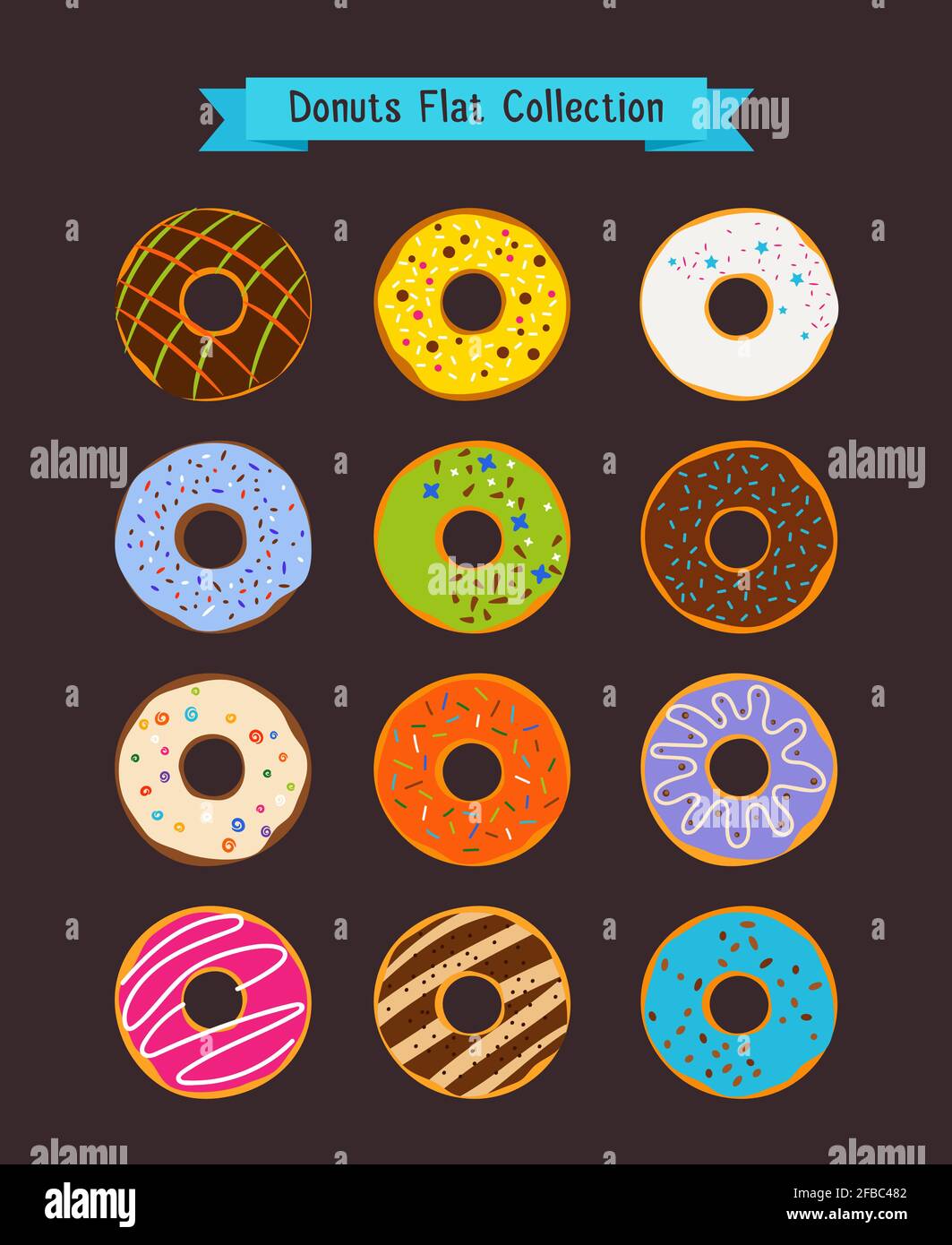 Donuts flat icons. Donut and coffee shop vector elements. Set of snack ...