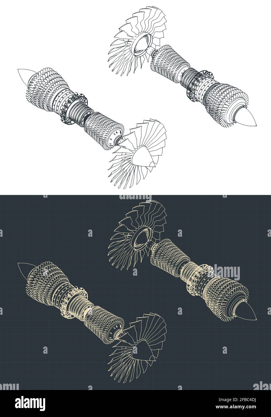 Stylized vector illustration of turbofan compressor isometric drawings ...