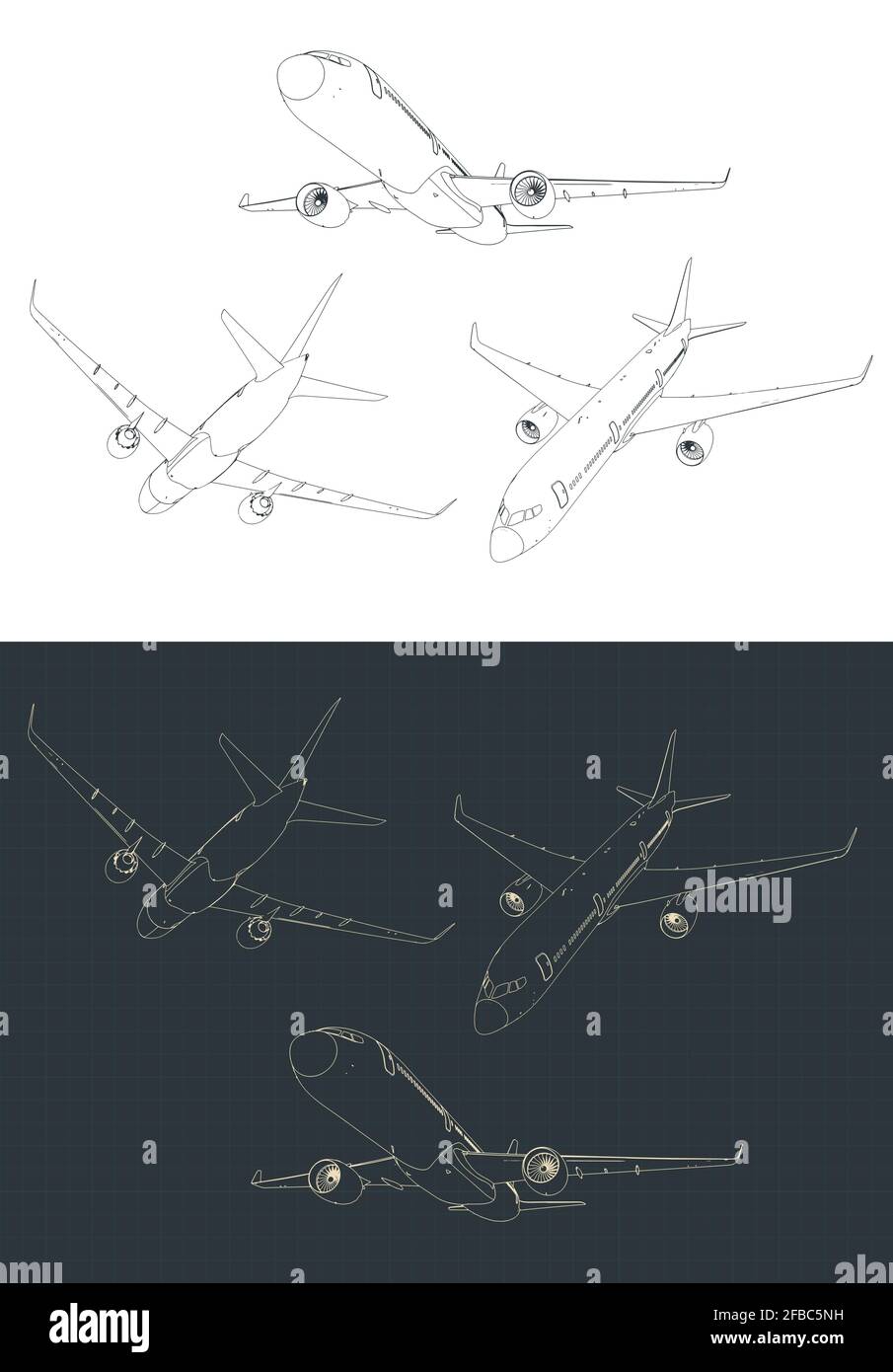 Stylized vector illustrations of commercial passenger airplane drawings ...