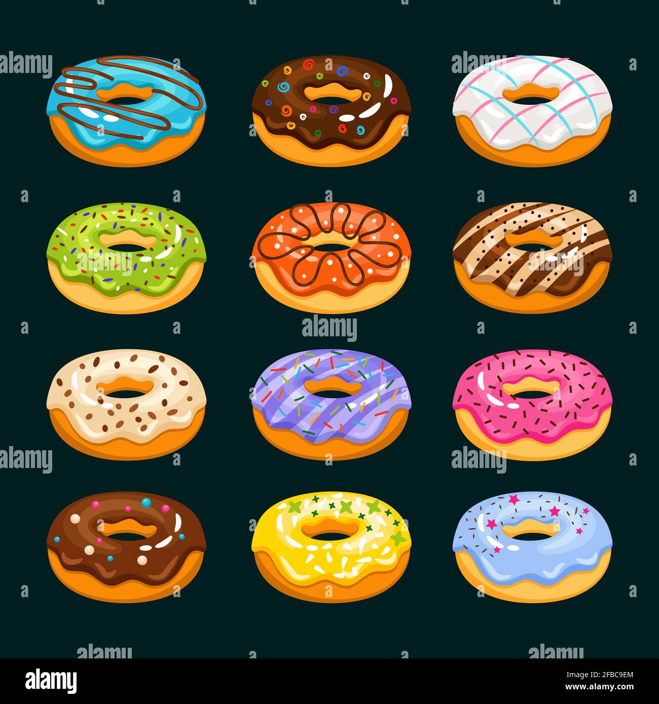 Donut cake cartoon icons. Chocolate assorted donuts vector illustration ...