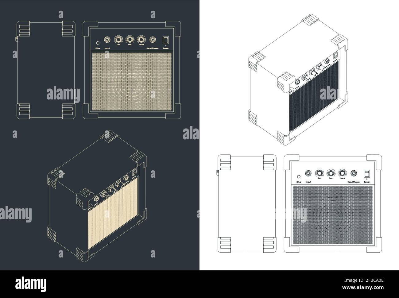 Stylized vector illustration of Guitar combo amplifier drawings Stock ...