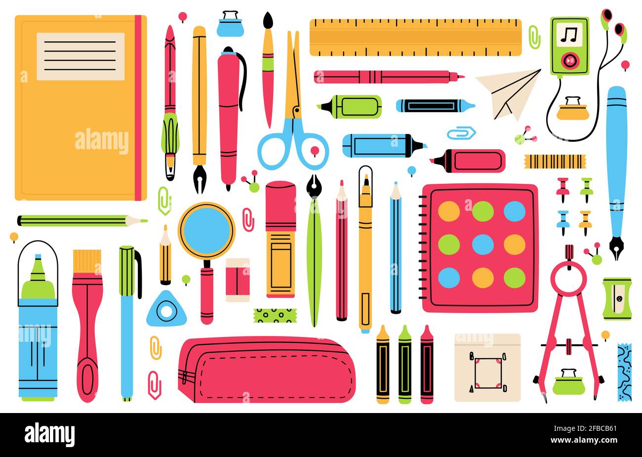 School chancellery. Pupils education hand drawn school supplies, pencil ...